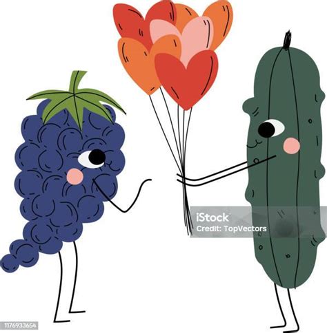 귀여운 오이 포도 쾌활한 야채와 딸기 문자에 마음의 모양에 풍선을주는 재미있는 얼굴 가장 친한 친구 사랑 벡터 일러스트레이카에서