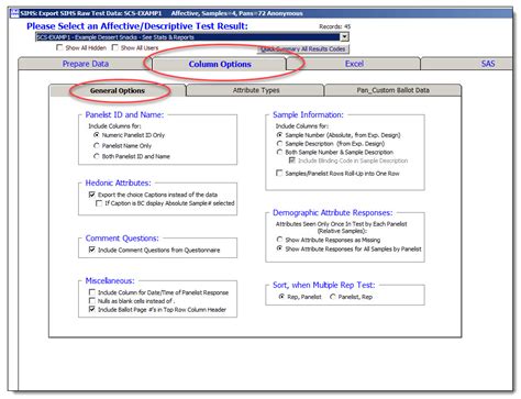 Data Export Main Options Examples Sims Sensory Evaluation Testing Software Cloud