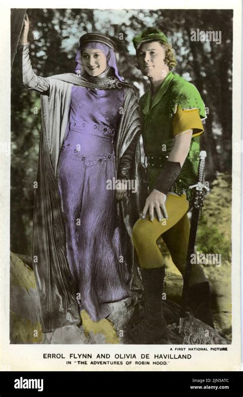 Hand Coloured British Postcard Of Olivia De Havilland And Errol Flynn