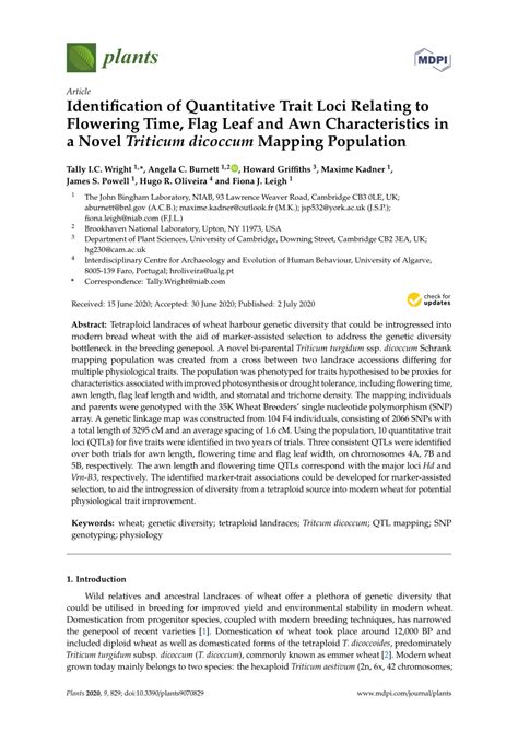 Pdf Identification Of Quantitative Trait Loci Relating To Flowering Time Flag Leaf And Awn