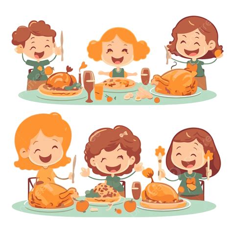 행복한 Friendsgiving 클립 아트 아이들은 칠면조 벡터 일러스트 만화와 함께 추수 감사절 저녁 식사를했습니다 행복한 친구 사귀기 클립 아트 만화 Png