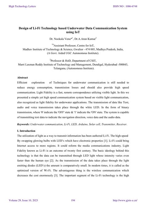 Pdf Design Of Li Fi Technology Based Underwater Data Communication System Using Iot