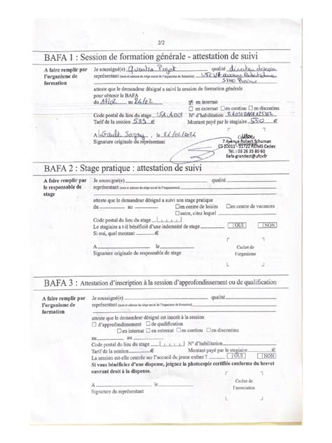 Bafa 1 Session De Formation Générale Attestation De Suivi Pdf