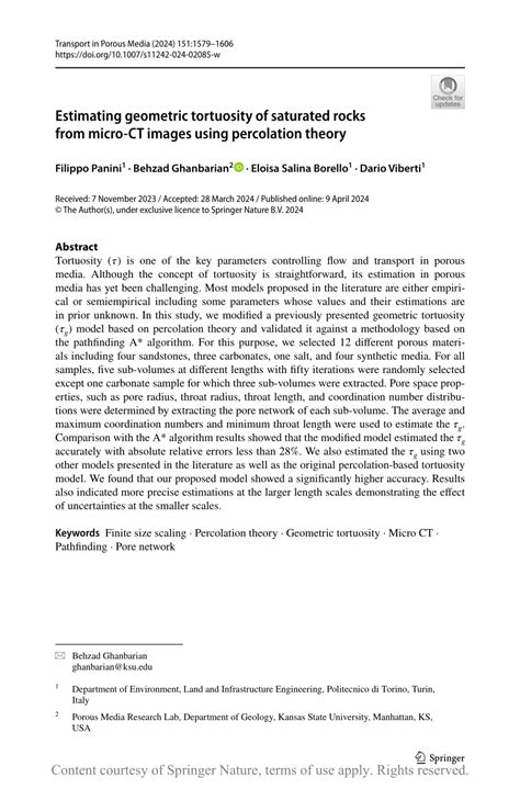 Estimating Geometric Tortuosity Of Saturated Rocks From Micro Ct Images Using Percolation Theory