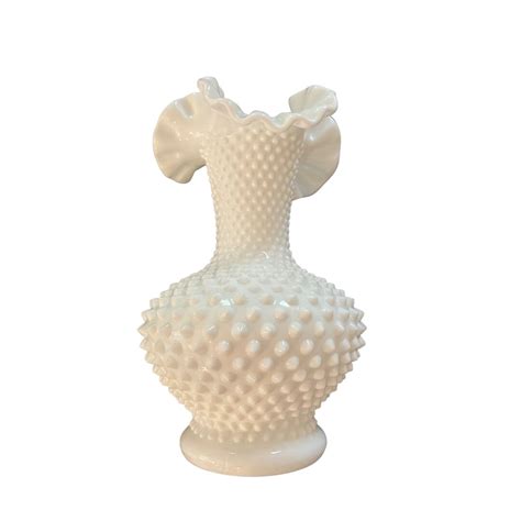 Fenton Milk Glass Vase Hobnail Bulbous Ruffle 11 White Pre Fenton Mark