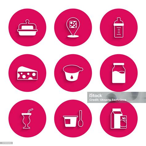 숟가락 케피어용 종이 패키지 병 우유 밀크쉐이크 치즈 베이비 보틀 버터 버터 접시 아이콘을 곁들인 요구르트 용기를 설정합니다