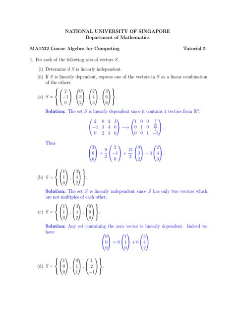 tutorial 5 solution pdf linear subspace basis linear algebra