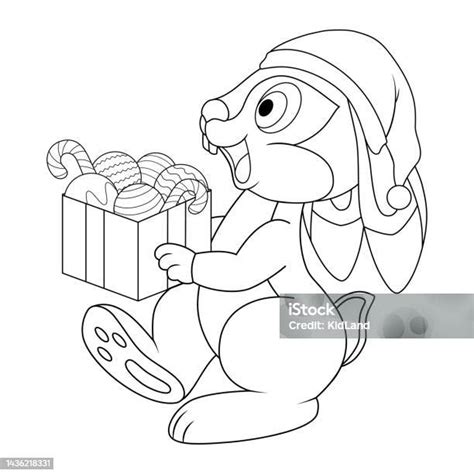 산타 모자에있는 무색 만화 토끼는 새해 장난감과 과자의 전체 상자를 운반합니다 2023 년 구정을 상징하는 토끼가있는 색칠 공부를위한 흑백 템플릿 아이들을위한 인사말 카드