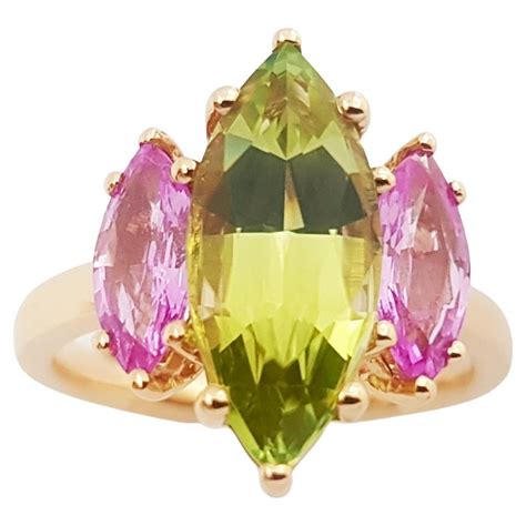 Green Tourmaline With Pink Sapphire Ring Set In 18k Rose Gold Settings