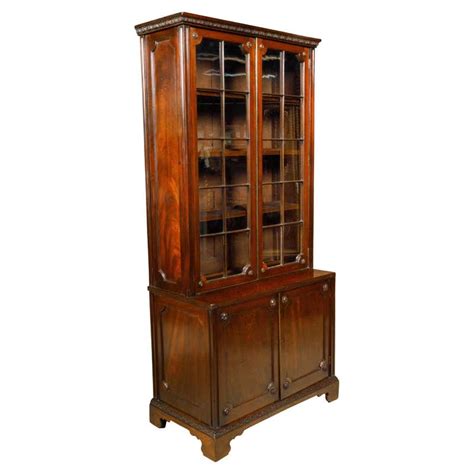 Antique Mahogany Triple Door Leaded Glass Bookcase With Carved Claw