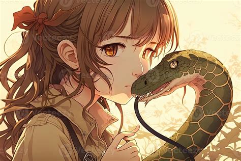 Beautiful Girl Kissing A Snake Manga Style Anime Character