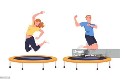 흥분한 남자와 여자 캐릭터는 트램펄린에서 점프하고 튀는 레크리에이션 활동 벡터 세트에 참여 개체 그룹에 대한 스톡 벡터 아트 및 기타 이미지 개체 그룹 건강한 생활방식
