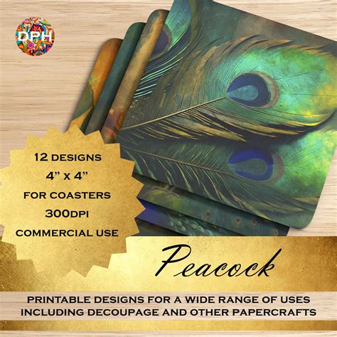 Printable 4x4 Images Peacock Theme For Coasters Greetings Cards