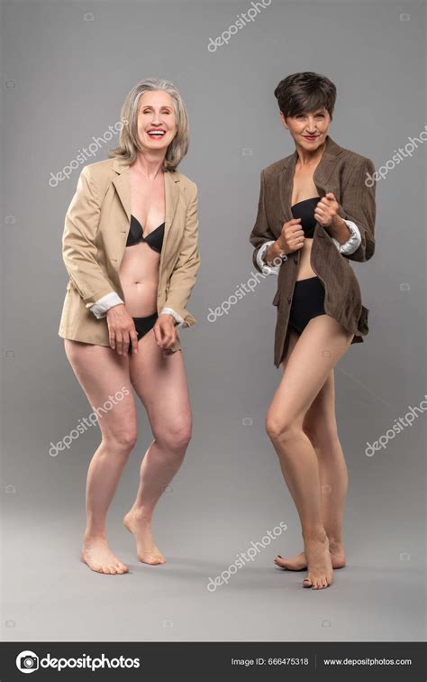 Young Spirit Two Senior Women Panties Jackets Dancing Feeling Excited