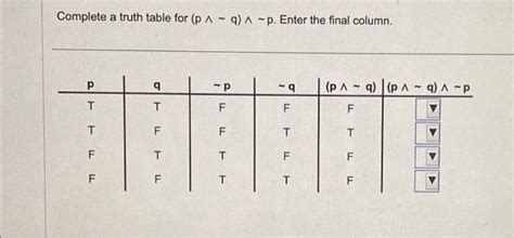 solved complete a truth table for p∧∼q ∧∼p enter the final