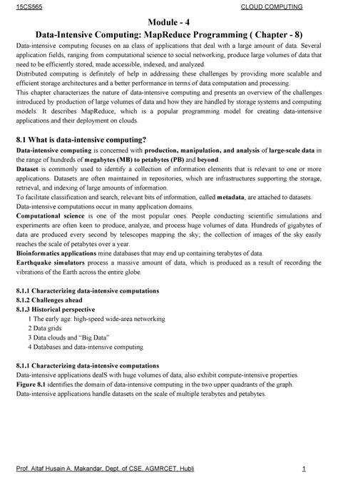 15cs565 Cloud Computing Module 4 Notes Module 4 Data Intensive Computing Mapreduce