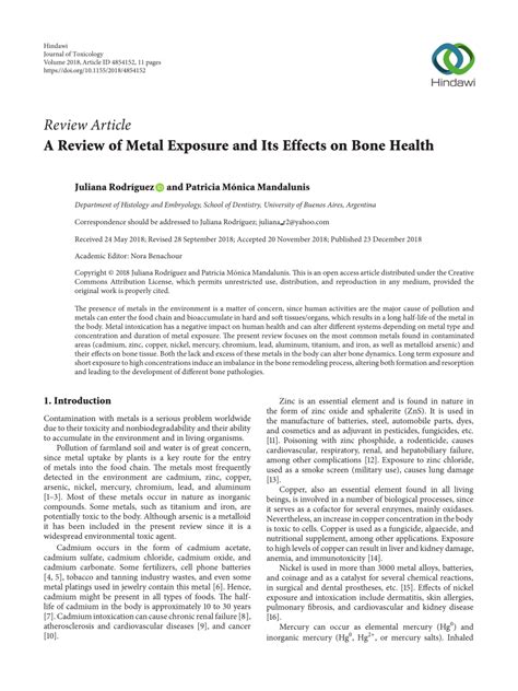 PDF A Review Of Metal Exposure And Its Effects On Bone Health