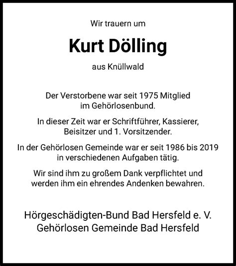 Traueranzeigen Von Kurt Dölling Trauer Hna De