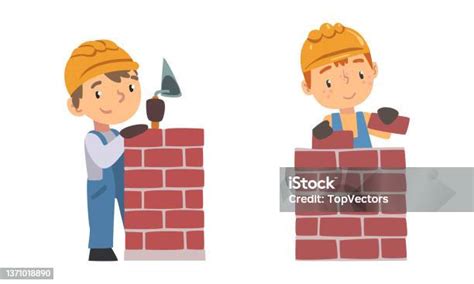 건설 도구 세트와 함께 작업 하는 아이 빌더 벽돌 만화 벡터 일러스트와 바지와 안전 하드 모자 건물 집 벽에 소년 건설 산업에 대한 스톡 벡터 아트 및 기타 이미지 Istock