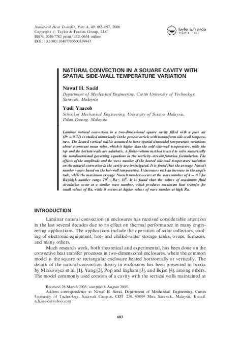 Pdf Natural Convection In A Square Cavity With Spatial Sidewall Temperature Variation