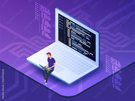 Isometric Vector Of Young Programmer Coding A New Project Using