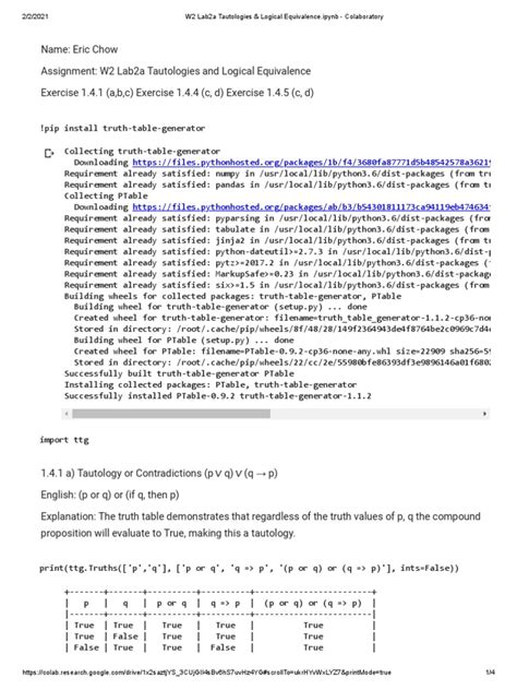 W2 Lab2a Tautologies & Logical Equivalence - Ipynb - Colaboratory | PDF ...