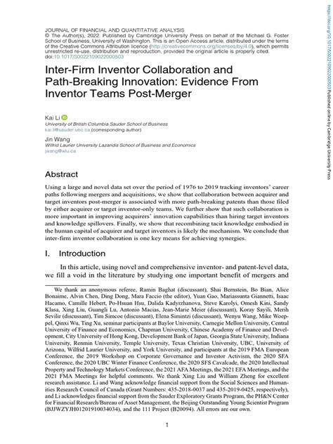 Liandwang 2022 Jfqa Inter Firm Inventor Collaboration And Path Breaking