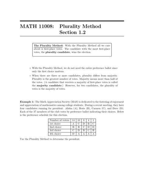 Math 11008 Plurality Method Section 1 2 Pdf Voting Political Law