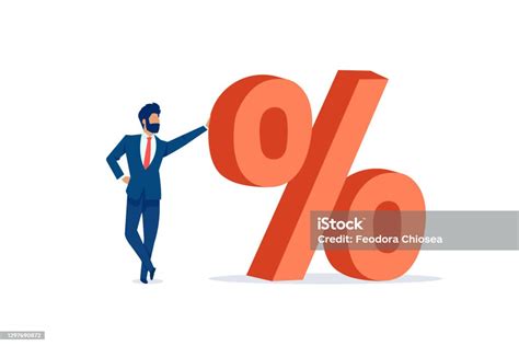 흰색 배경에 빨간색 큰 백분율 기호 옆에 서 있는 사업가의 벡터 퍼센트 기호에 대한 스톡 벡터 아트 및 기타 이미지 퍼센트