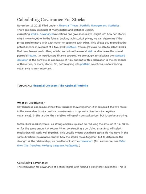 Calculating Covariance For Stocks Pdf Covariance Correlation And