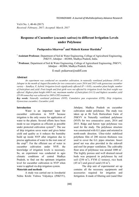 Pdf Response Of Cucumber Cucumis Sativus To Different Irrigation