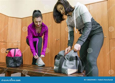 Two Young Fitness Women In Dressing Room At The Gym Fitness Sport