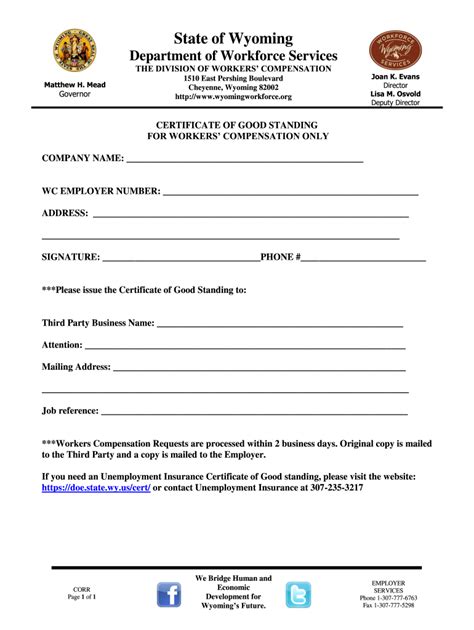 Wyoming Workers Compensation Certificate Of Good Standing Blank