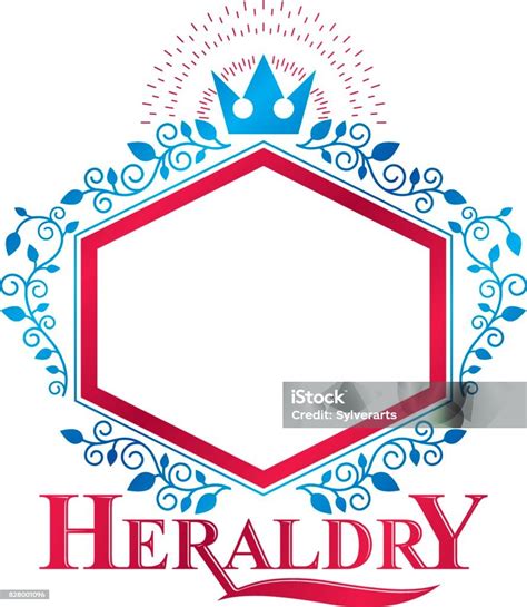 로얄 크라운 요소와 꽃 패턴 그래픽 기호 구성 팔의 문장 학 외 투 절연 장식적인 상징 벡터 일러스트 고풍스런에 대한 스톡 벡터