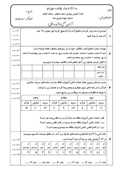 آزمون فصل 7 آمار و احتمال کتاب ریاضی سوم دبستان پروین صفا گاما