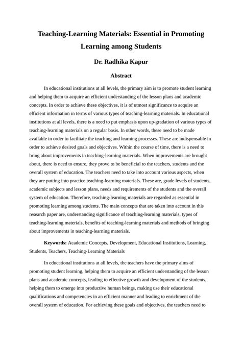 Pdf Teaching Learning Materials Essential In Promoting Learning