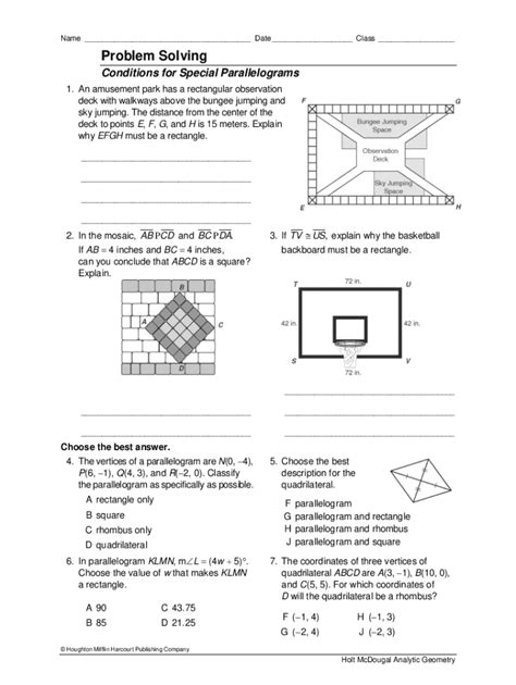 Fillable Online Problem Solving Conditions For Special Parallelograms