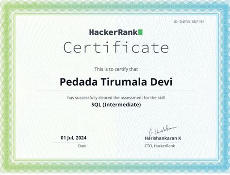 pedada tirumala devi on linkedin hackerrank sqlintermediate sql