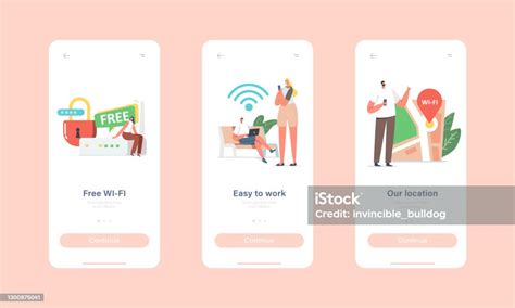 무료 Wifi 핫스팟 서비스 모바일 앱 페이지 온보드 화면 템플릿 거대한 라우터의 문자는 인터넷 연결을 사용 지도에 대한 스톡 벡터 아트 및 기타 이미지 Istock