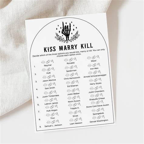 Kiss Marry Kill Printable Unique Bachelorette Party Game