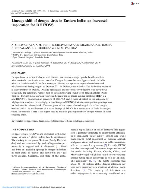 Pdf Lineage Shift Of Dengue Virus In Eastern India An Increased