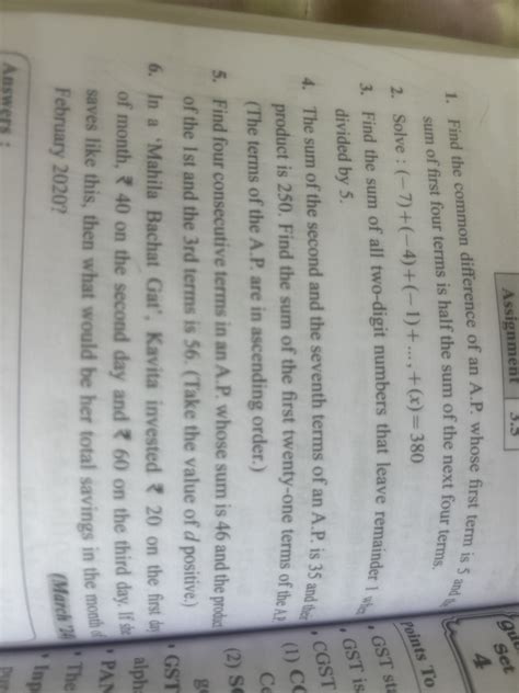 1 Find The Common Difference Of An Ap Whose First Term Is 5 And Sum Of