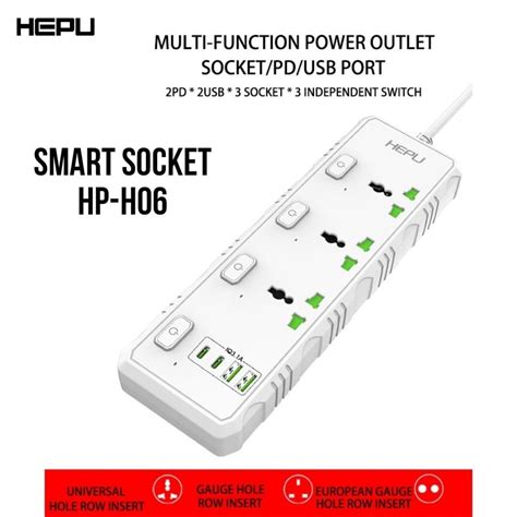 Jual HEPU Power Socket Stop Kontak Listrik HP H06 Fast Charger 3 Socket 2 USB 2 Type C
