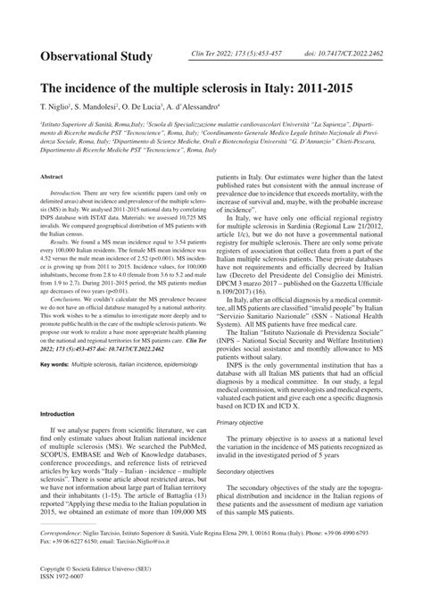 Pdf The Incidence Of The Multiple Sclerosis In Italy 2011 2015
