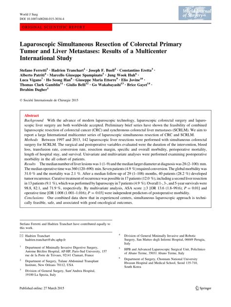 Pdf Laparoscopic Simultaneous Resection Of Colorectal Primary Tumor