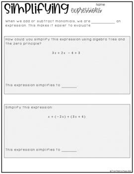 Simplifying And Evaluating Algebraic Expressions Monomials Guided Notes
