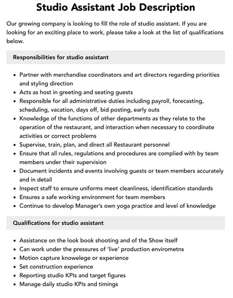 Studio Assistant Job Description Velvet Jobs Studio Assistant Job Description Velvet Jobs