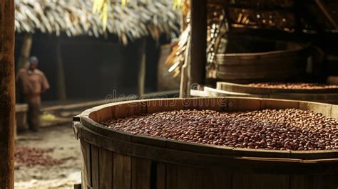 Cocoa Bean Fermentation Process In Wooden Boxes With Farmers Gently Turning The Beans Stock