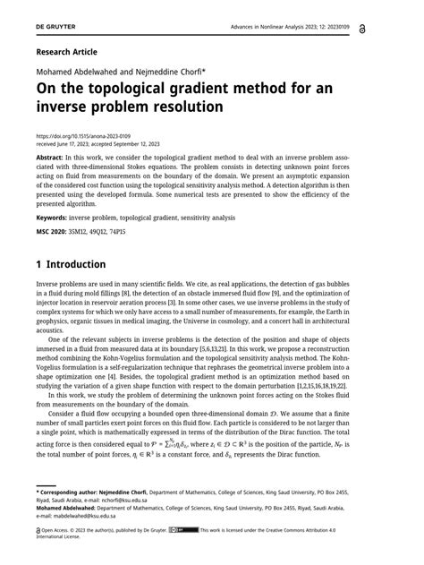 Pdf On The Topological Gradient Method For An Inverse Problem Resolution