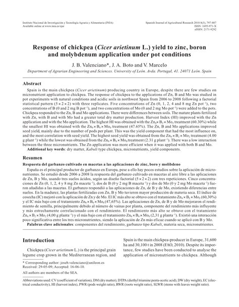 Pdf Chickpea Cicer Arietinum L Response To Zinc Boron And Molybdenum Application Under